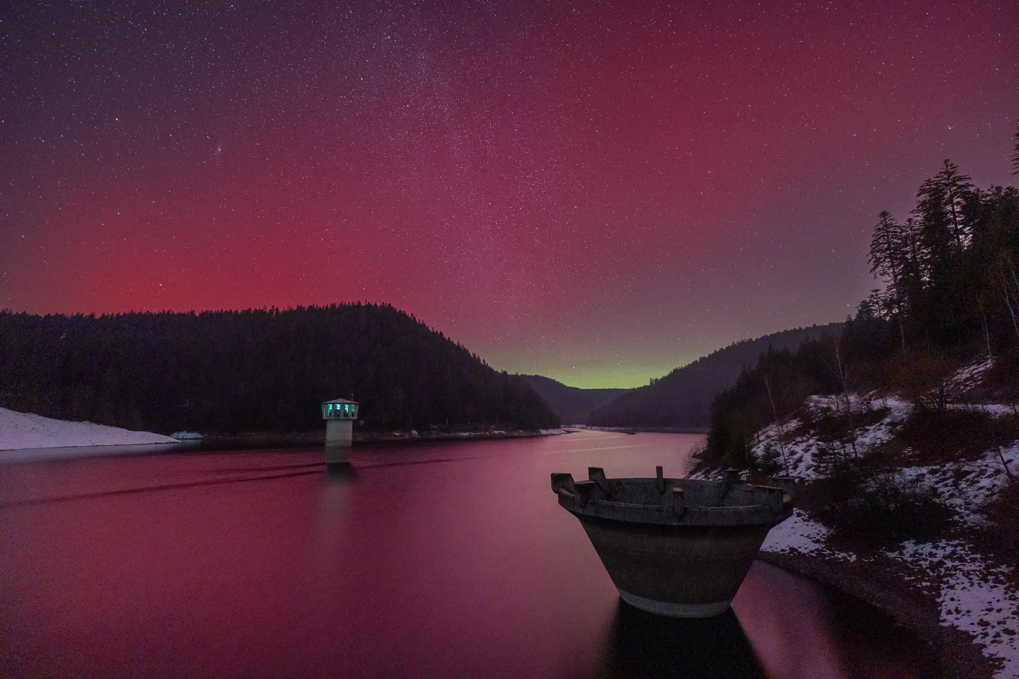 Polarlichter über der Trinkwassertalsperre "Kleine Kinzig" in ...